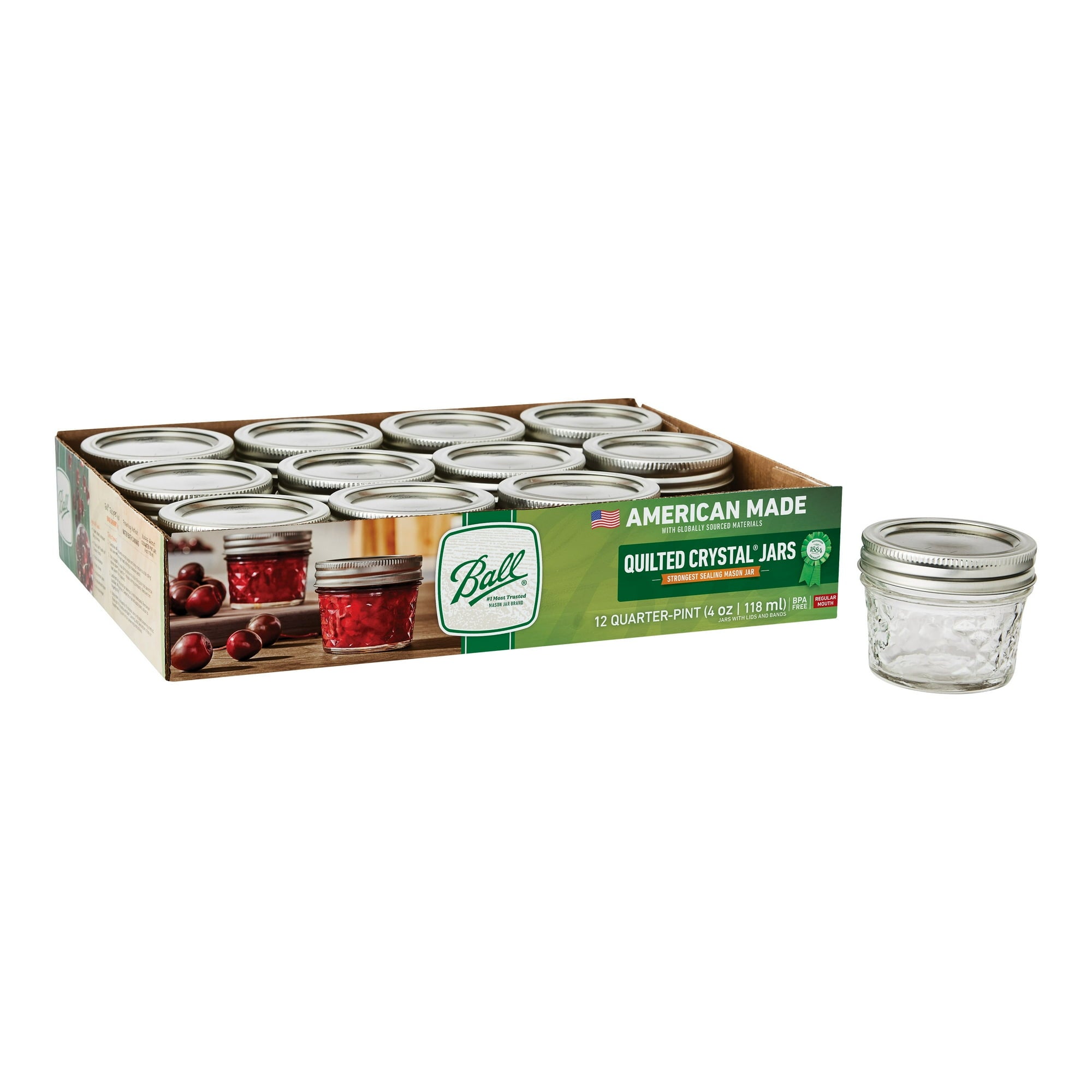 Ball Glass Quilted Crystal Jelly Jar, Regular Mouth, Quarter Pint Size