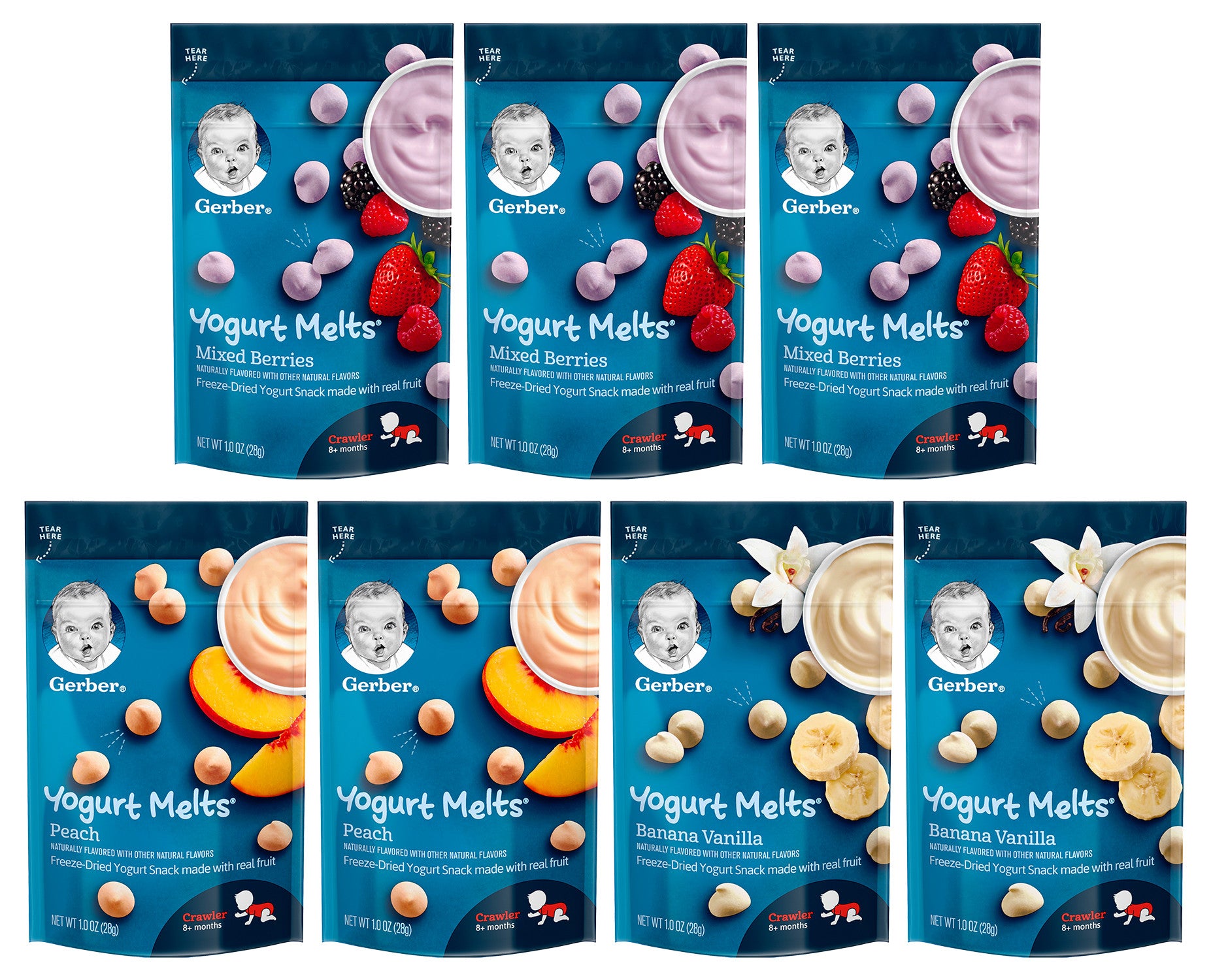 Gerber Yogurt Melts Variety Pack, 2 Peach, 3 Mixed Berry, 2 Banana Van